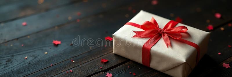 A Single Wrapped Gift on a Black Wooden Table Paper Present Stock ...