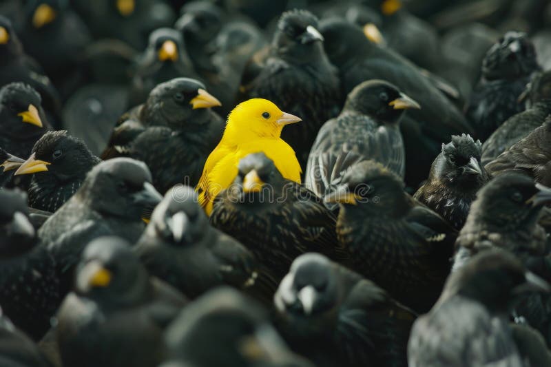 Sole Yellow Canary Amidst a Flock of Dark Pigeons. Concept of Being ...