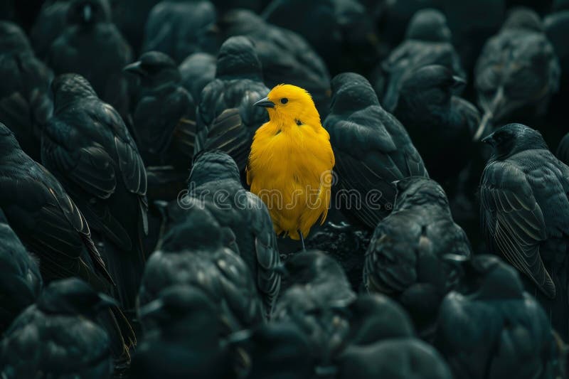 Sole Yellow Canary Amidst a Flock of Dark Pigeons. Concept of Being ...