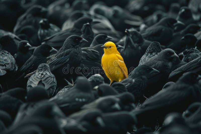Sole Yellow Canary Amidst a Flock of Dark Pigeons. Concept of Being ...