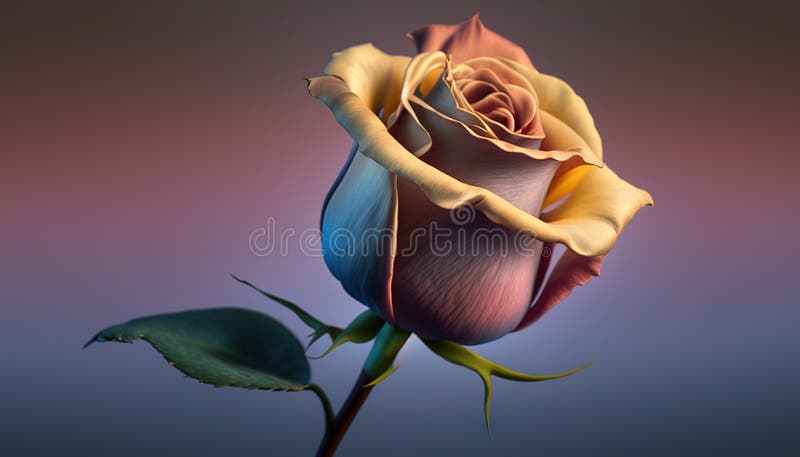A Single Yellow and Blue Rose with a Purple Background and a Green Stem ...