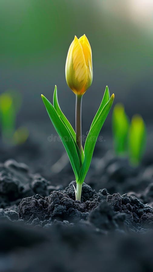A Single Yellow Flower Growing Out of the Ground in a Field, AI Stock ...
