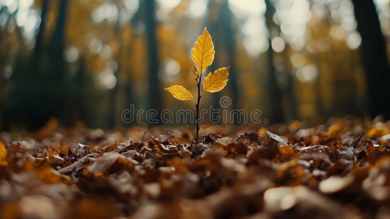 A Single Yellow Leaf Sprout Growing Amidst Fallen Autumn Leaves Stock ...