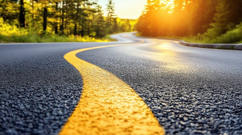 A Single Yellow Line Marks the Road, Guiding Drivers As it Descends a ...