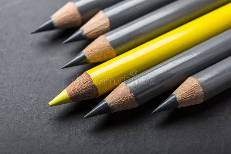 Single Yellow Pencil in a Row of Color Pencils Stock Photo - Image of ...