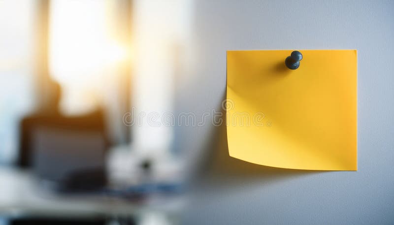 Single Yellow Post-it Note Attached To Wall with Push Pin Stock ...