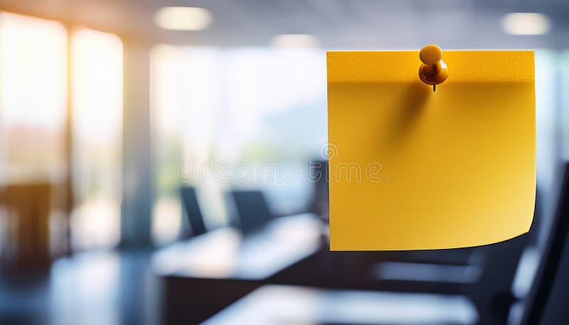 Single Yellow Post-it Note Attached To Wall with Push Pin Stock ...