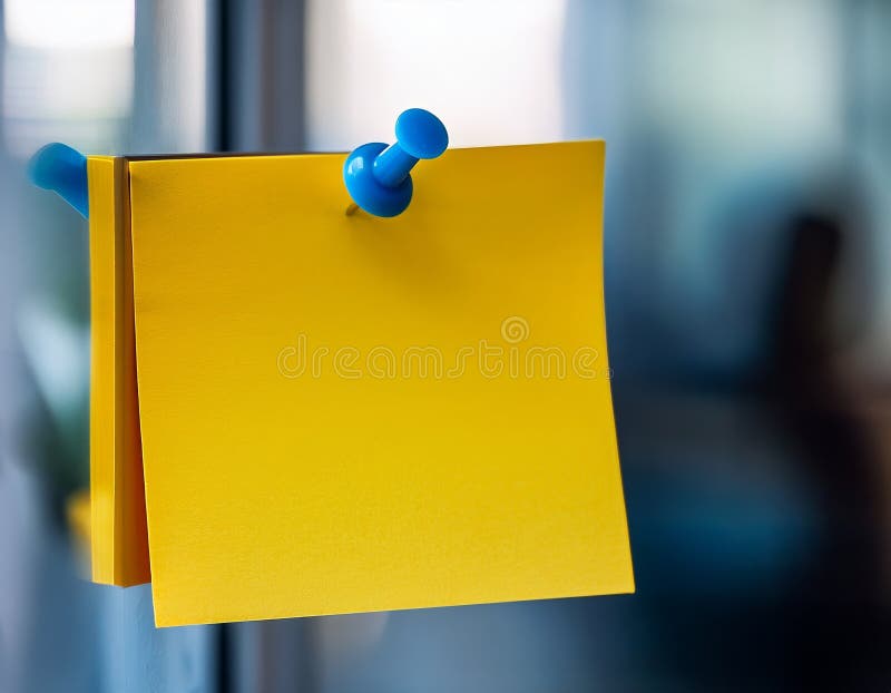 Single Yellow Post-it Note Attached To Wall with Push Pin Stock ...