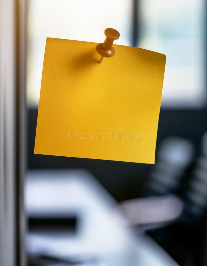 Single Yellow Post-it Note Attached To Wall with Push Pin Stock ...