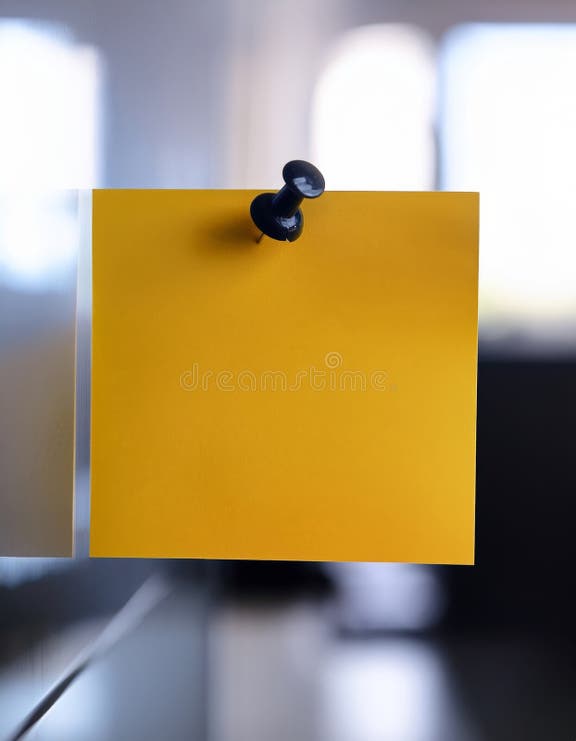 Single Yellow Post-it Note Attached To Wall with Push Pin Stock ...