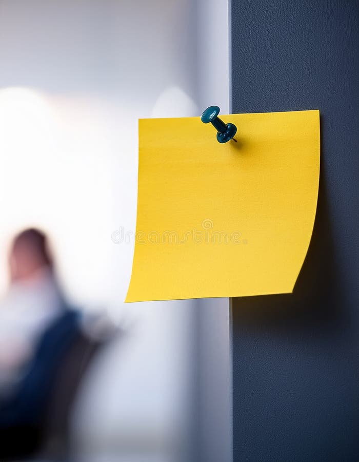 Single Yellow Post-it Note Attached To Wall with Push Pin Stock ...