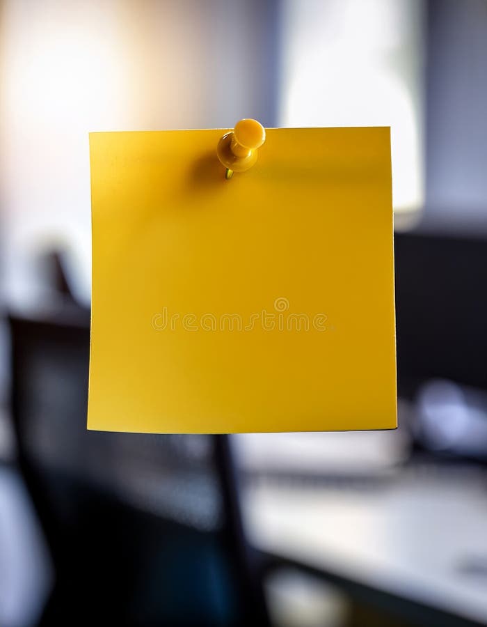 Single Yellow Post-it Note Attached To Wall with Push Pin Stock ...