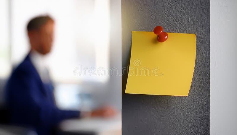 Single Yellow Post-it Note Attached To Wall with Push Pin Stock ...