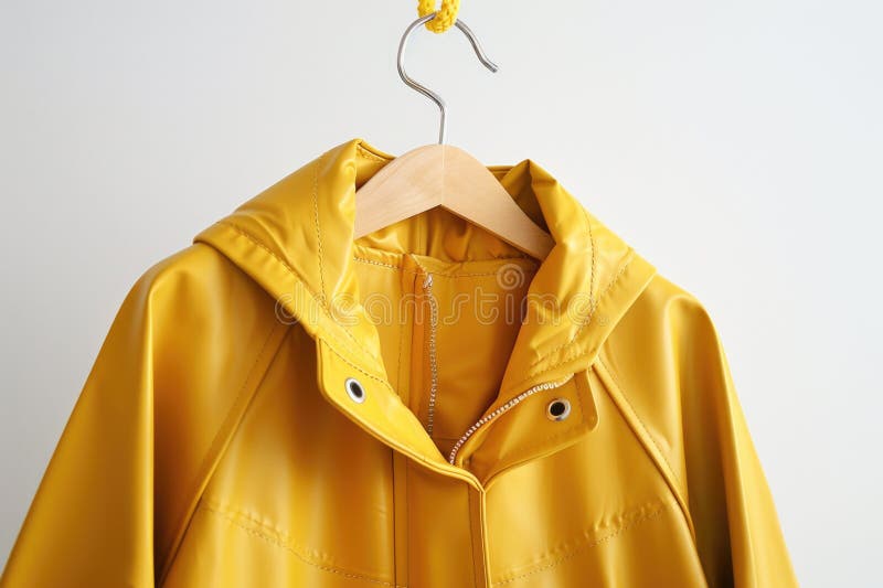 A Single Yellow Raincoat Hung on a Metal Hanger, Ready for Use Stock ...