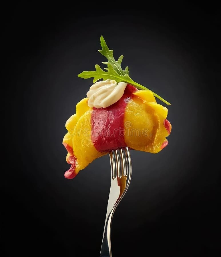 A Single Yellow and Red Dumpling is Impaled on a Silver Fork. the ...