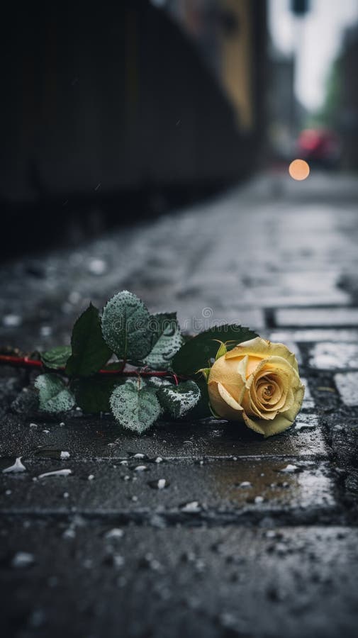 A Single Yellow Rose Laying on the Ground in the Rain Stock ...