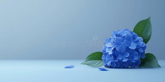 Singular Vibrant Blue Hydrangea Flower with Fresh Green Leaves with ...