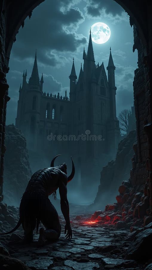 Sinister Demon in Castle Shadows with Sharp Claws Horns and Glowing ...