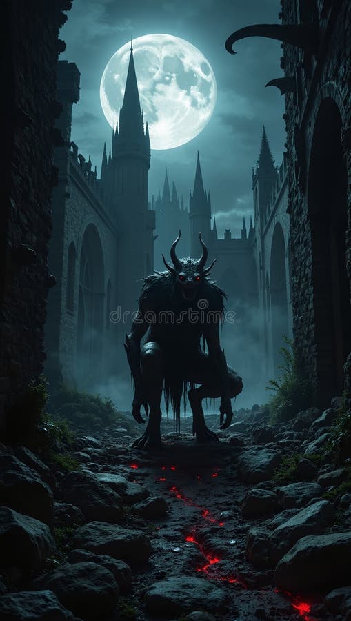 Sinister Demon in Castle Shadows with Sharp Claws Horns and Glowing ...