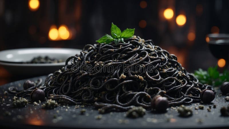 Sinister Dinner of Black Pasta in a HighTech Universe. Stock Image ...