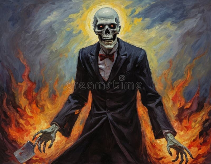 Sinister Figure Emerges with a Skeletal Grin, Surrounded by Fire Beings Ready for a Dark ...