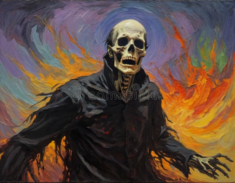 Sinister Figure Emerges with a Skeletal Grin, Surrounded by Fire Beings Ready for a Dark ...