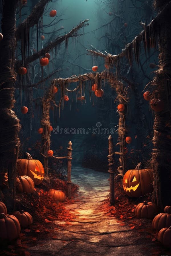 Sinister Forest Path with Halloween Decorations Stock Illustration ...