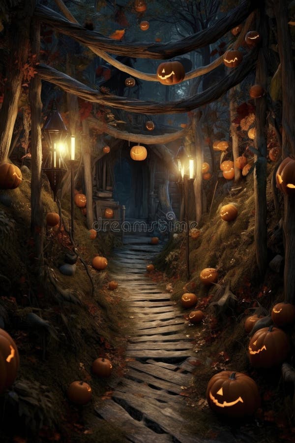 Sinister Forest Path with Halloween Decorations Stock Illustration ...