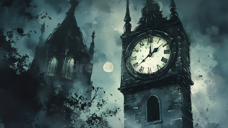 Sinister Gothic Clock Stuck at Midnight Stock Illustration ...