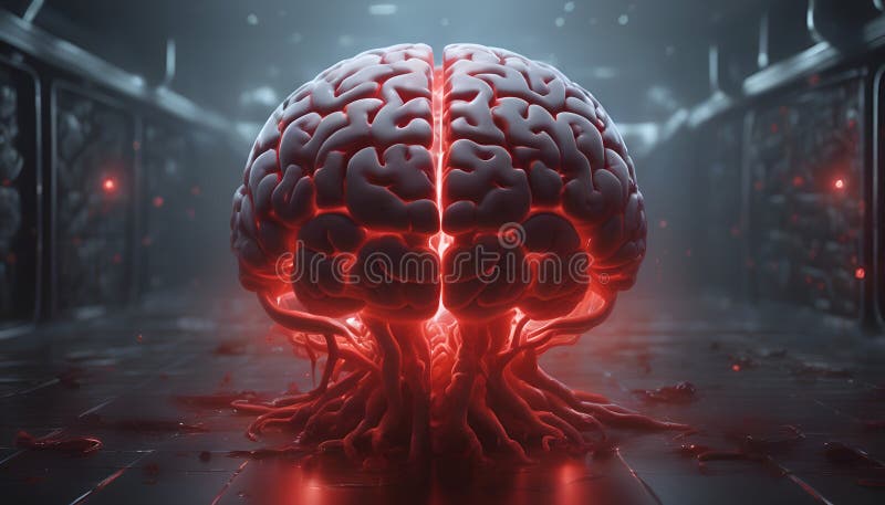 Sinister Red AI Core Evil Brain in a Data Center, Representing a ...