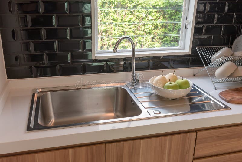 Sink with Faucet in Kitchen Room Stock Photo - Image of plate, indoors ...