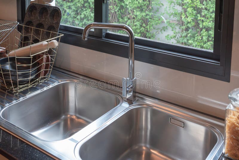 Sink with Faucet in Kitchen Stock Image - Image of vegetable, pantry ...