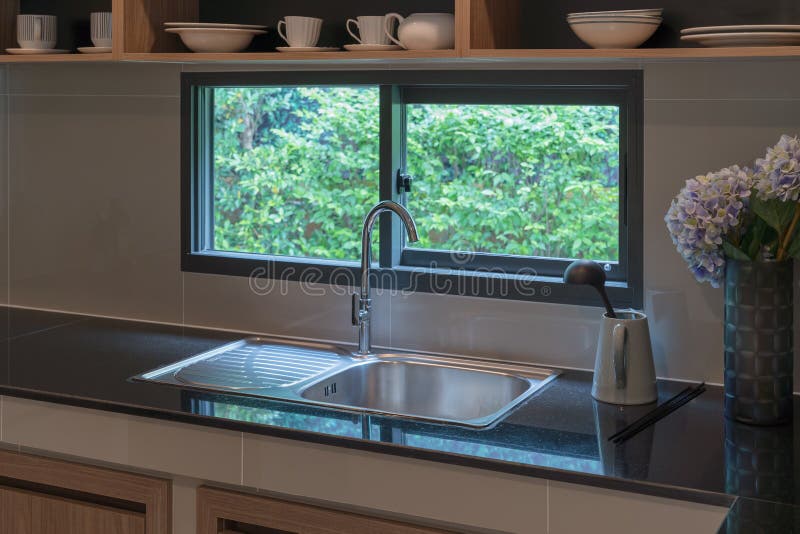 Sink with Faucet in Kitchen Room Stock Image - Image of plate, interior ...