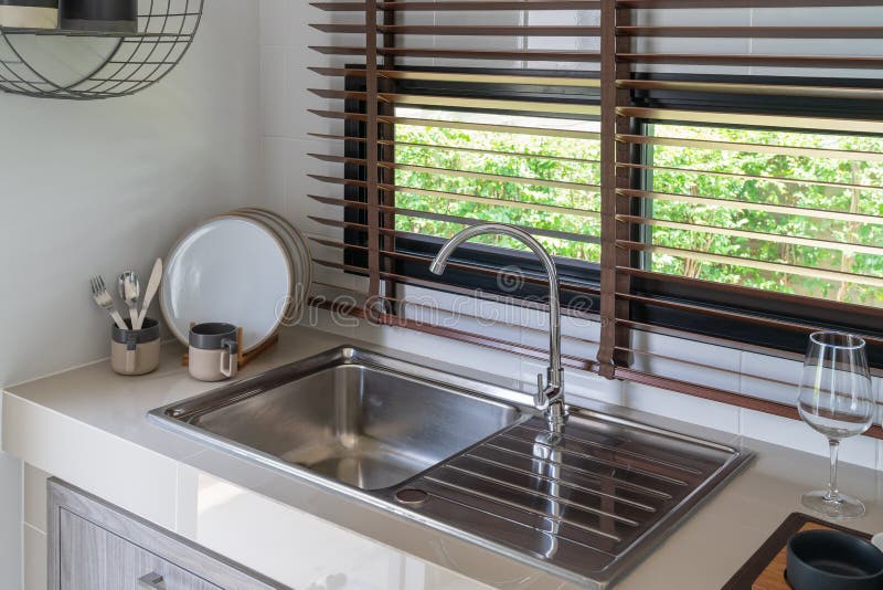 Sink with Faucet in Kitchen Room Stock Image - Image of decoration ...
