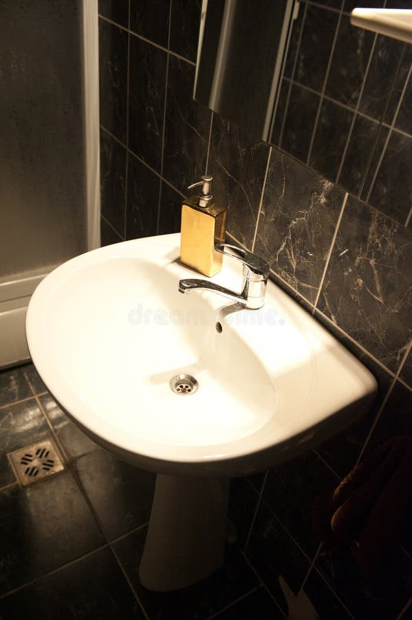 Ceramic Sink Inside Bathroom Stock Photo - Image of dispenser ...
