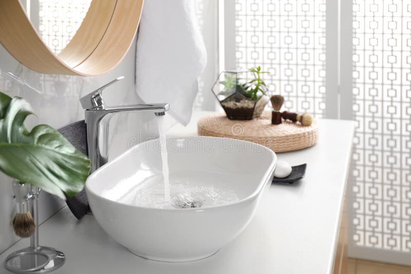 Sink with Running Water in Bathroom Interior Stock Photo - Image of ...