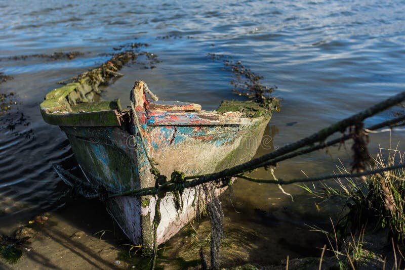Sinked Old Abandoned Boat in the Water Stock Photo - Image of shoreline ...