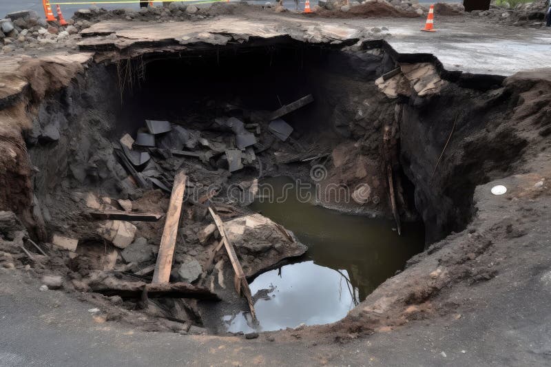 Sinkhole with Debris and Rubble Spilling into the Bottomless Pit Stock ...
