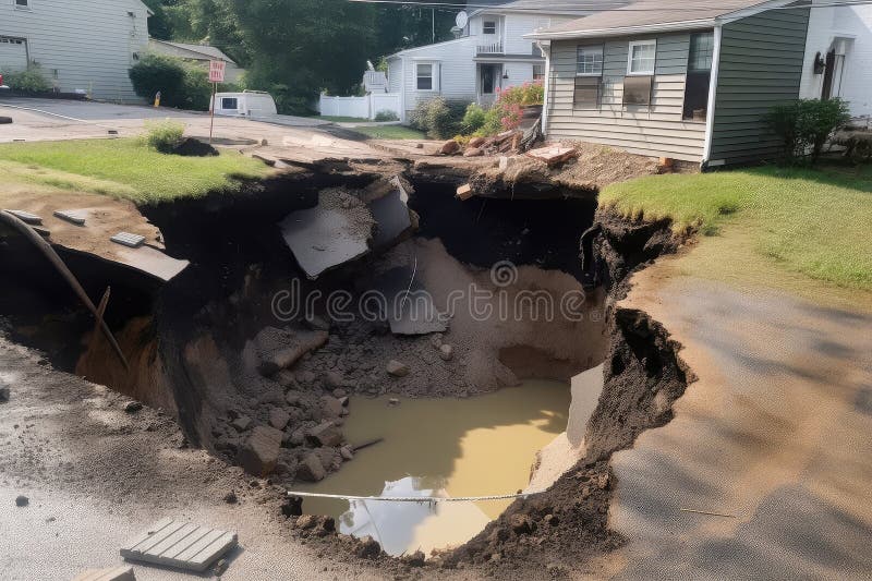Sinkhole with Debris and Rubble Spilling into the Bottomless Pit Stock ...
