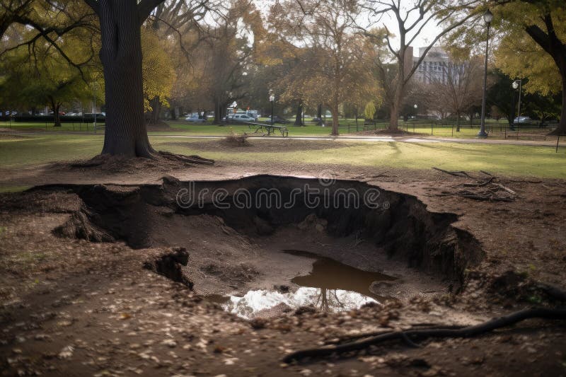Sinkhole Forming in the Middle of a Park, with Debris and Mud Visible ...