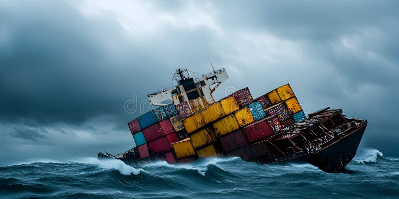 A Sinking Cargo Ship with Containers during a Storm in the Ocean ...