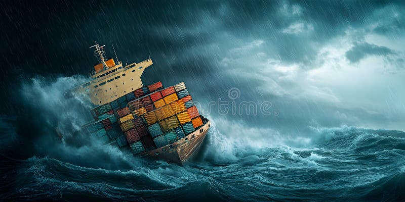 A Sinking Cargo Ship with Containers during a Storm in the Ocean ...