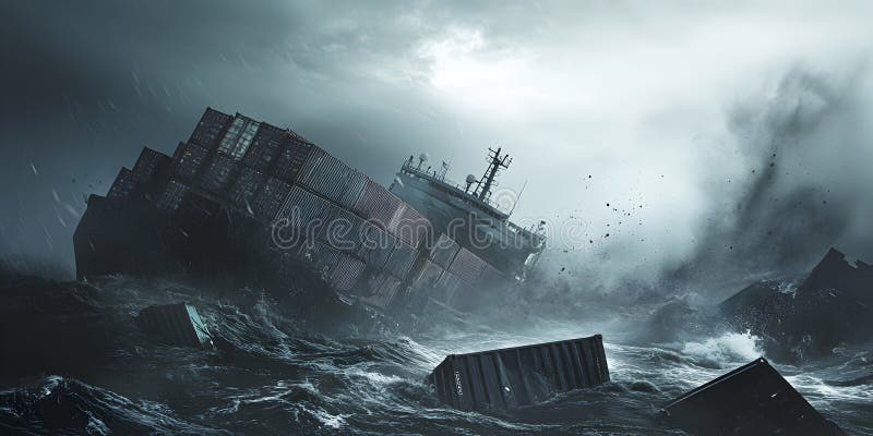 A Sinking Cargo Ship with Containers during a Storm in the Ocean ...