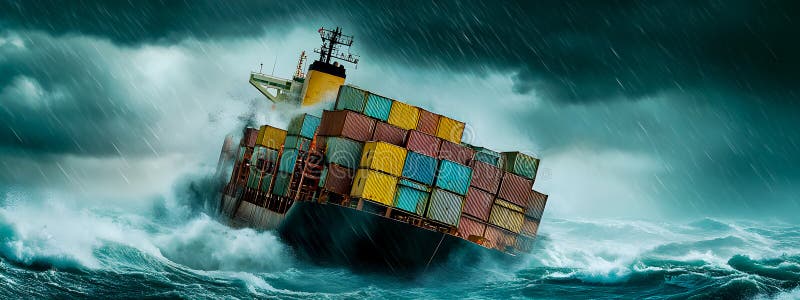 A Sinking Cargo Ship with Containers during a Storm in the Ocean ...