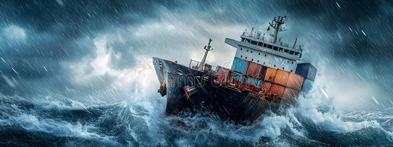 A Sinking Cargo Ship with Containers during a Storm in the Ocean ...