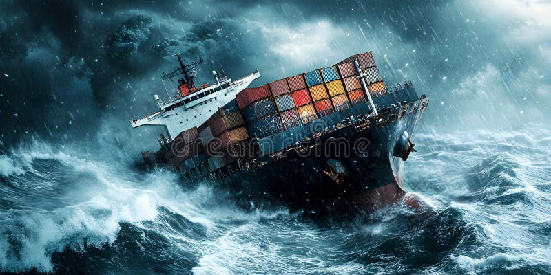 A Sinking Cargo Ship with Containers during a Storm in the Ocean ...