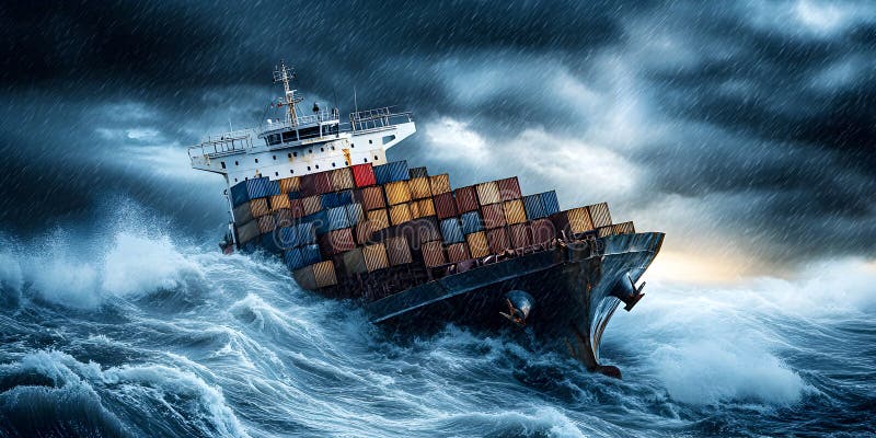 A Sinking Cargo Ship with Containers during a Storm in the Ocean ...