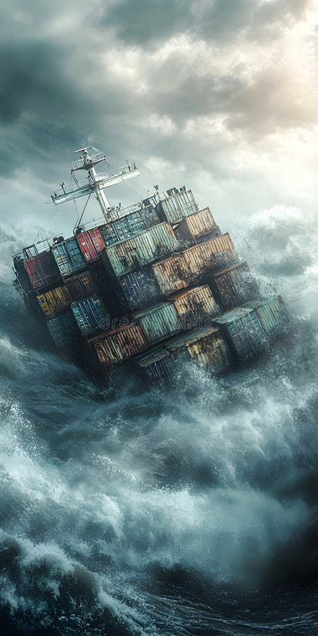 A Sinking Cargo Ship with Containers during a Storm in the Ocean ...