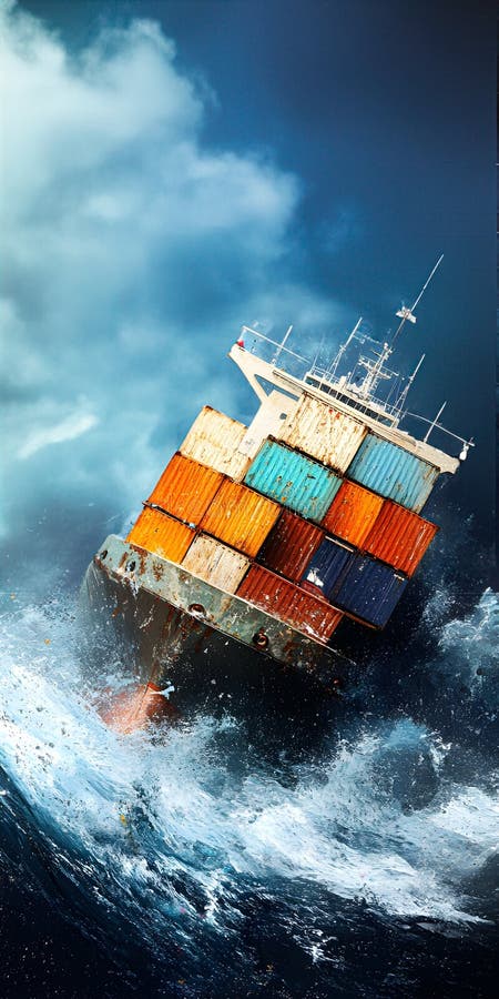 A Sinking Cargo Ship with Containers during a Storm in the Ocean ...