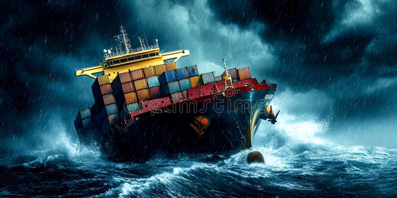 A Sinking Cargo Ship with Containers during a Storm in the Ocean ...